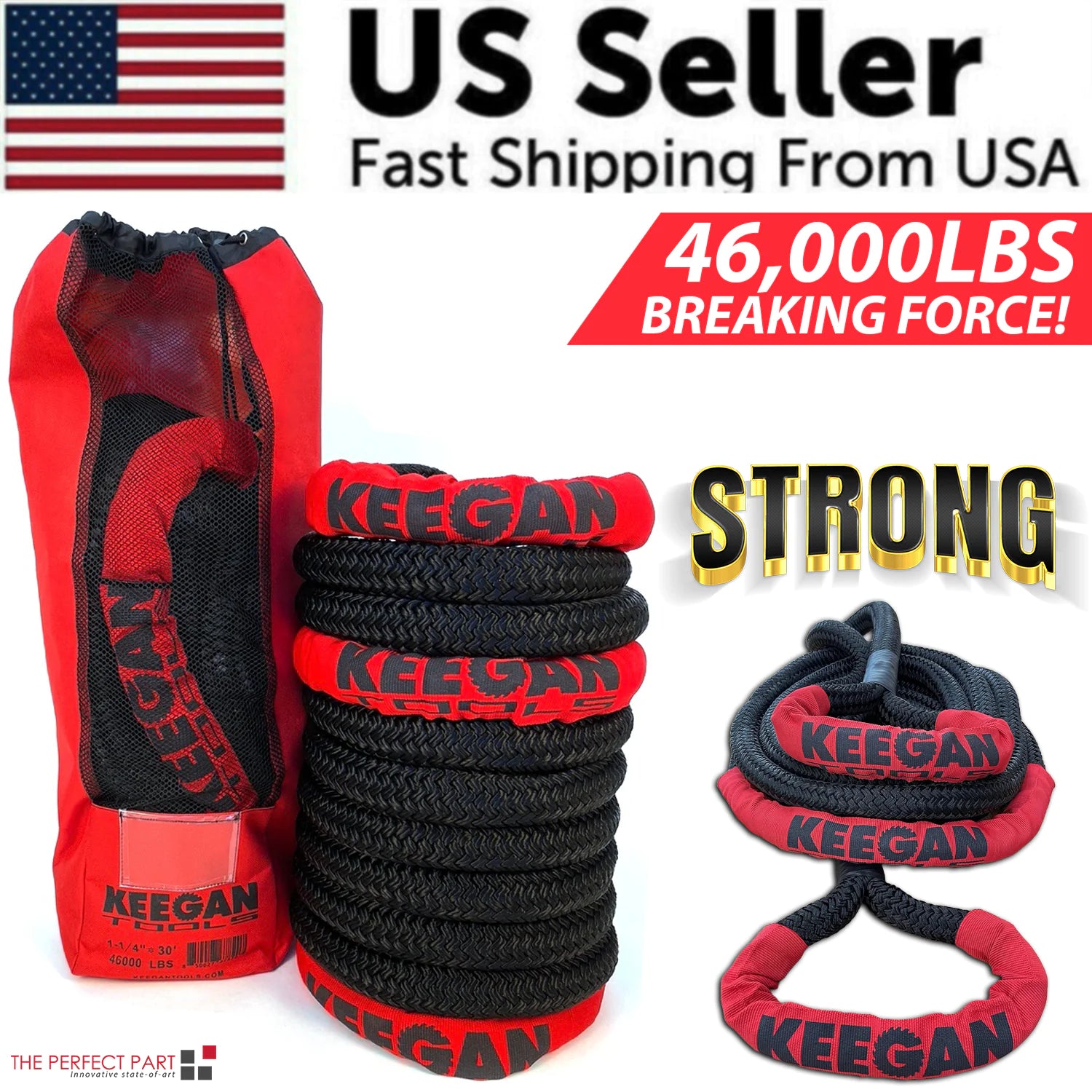 KEEGAN TOOLS 1.25"x30' Kinetic Energy Recovery Rope 46000 lbs Tow Rope ...